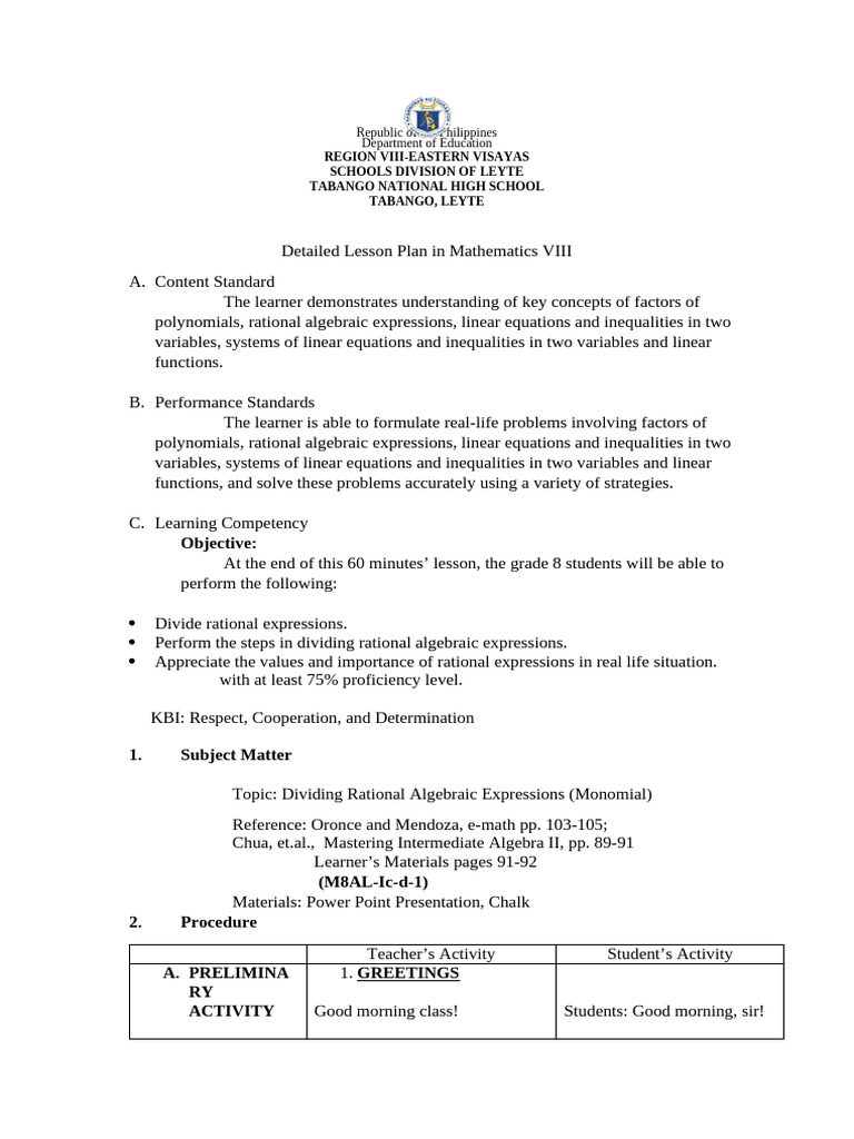 Detailed Lesson Plan in Mathematics VIII - Divide Monomial | PDF | Area | Equations