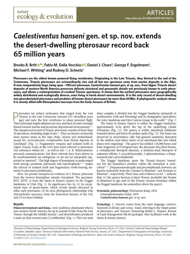 2018 - Caelestiventus Hanseni Gen. Et Sp. Nov. Extends The Desert ...
