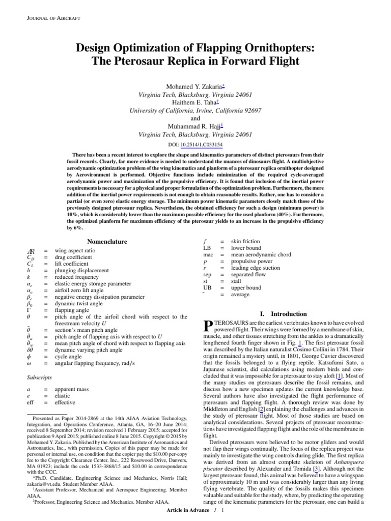 2016 - Design Optimization of Flapping Ornithopters - The Pterosaur Replica in Forward Flight ...