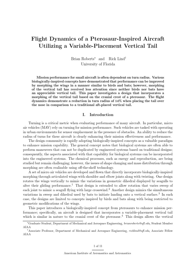 2009 - Flight Dynamics of A Pterosaur-Inspired Aircraft Utilizing A Variable-Placement Vertical ...