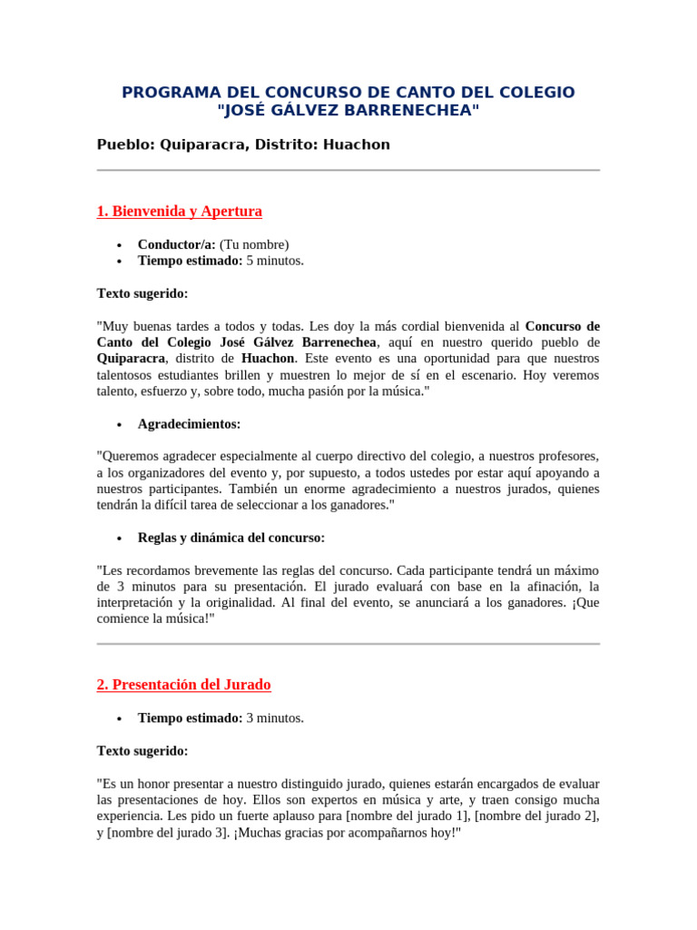 PROGRAMA DE CONCURSO CANTO, DECLAMACIÓN POETICA Y DE CONOCIMIENTOS | PDF