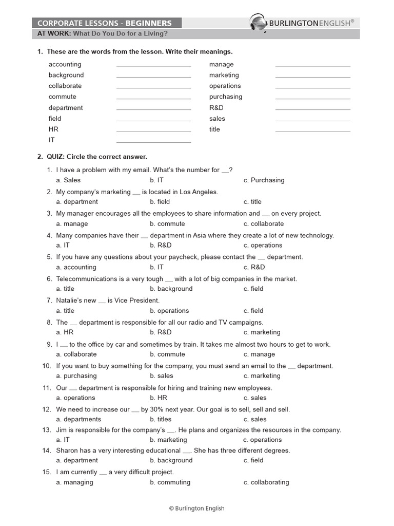 At Work Worksheet | PDF | Business