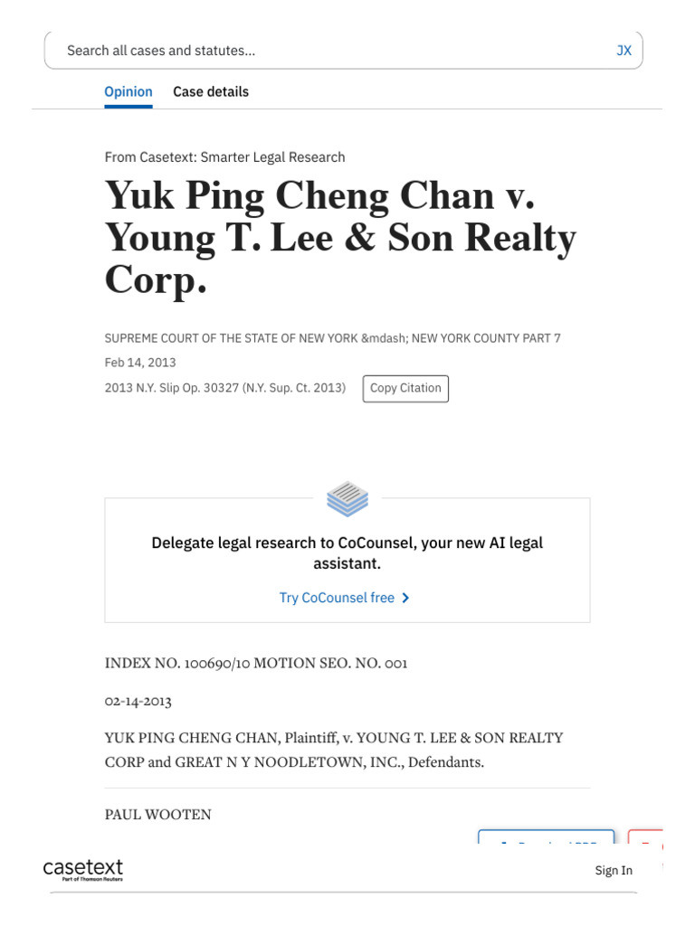 Yuk Ping Cheng Chan v. Young T. Lee & Son Realty Corp., 2013 N.Y. Slip ...
