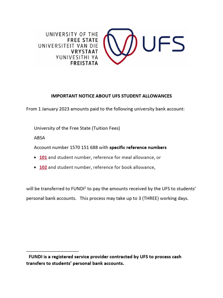 Important Notice About Ufs Student Allowances New | PDF | Finance ...