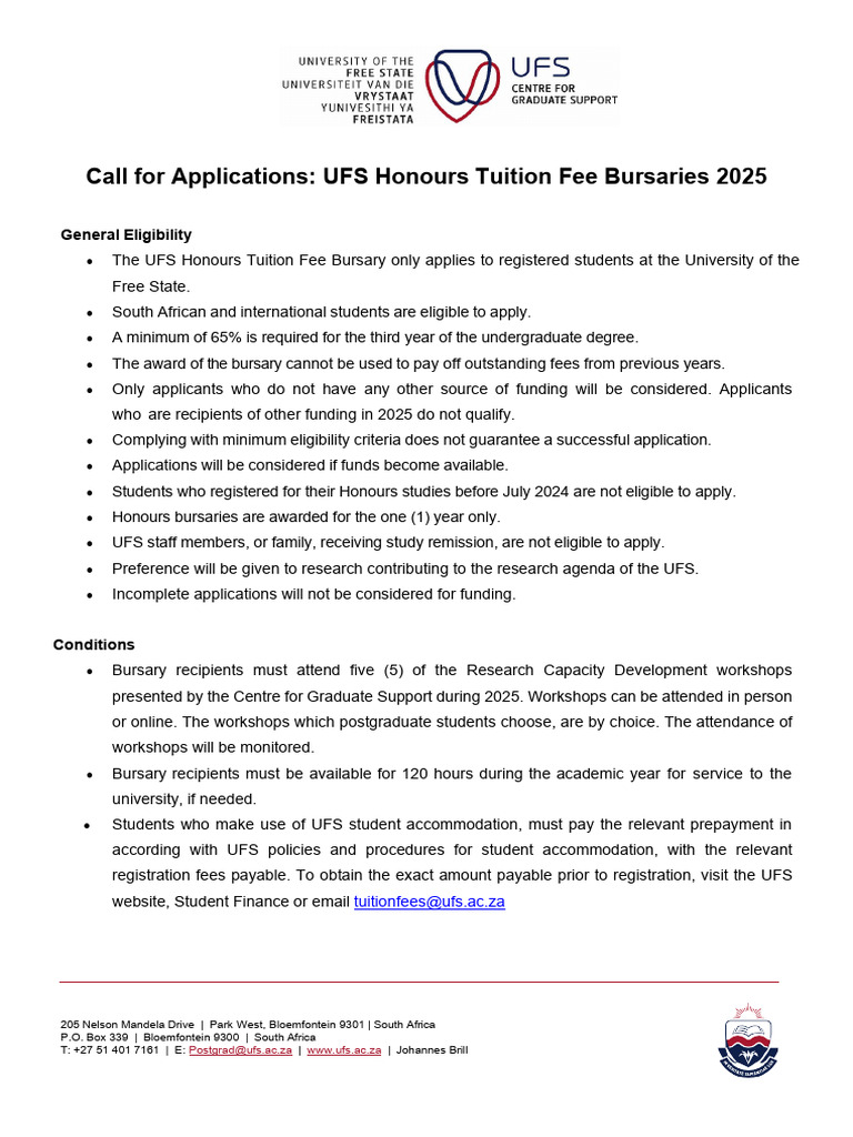 UFS Honours Tuition Fee Bursaries 2025 | PDF | Postgraduate Education