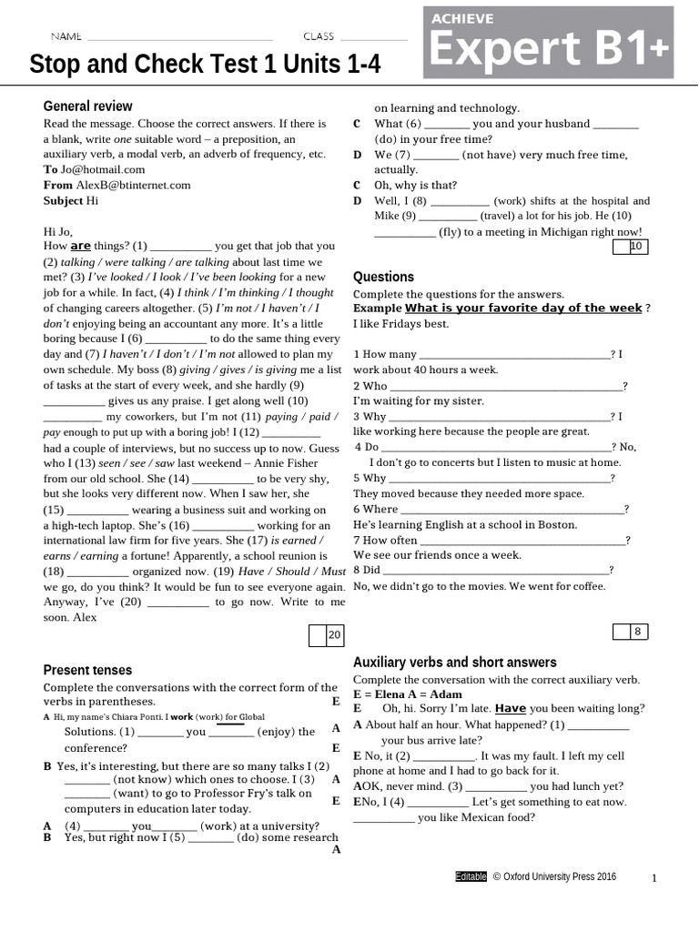 Expert B1+ - Stop and Check 1 - Units 1 To 4 | PDF | Verb | Linguistics