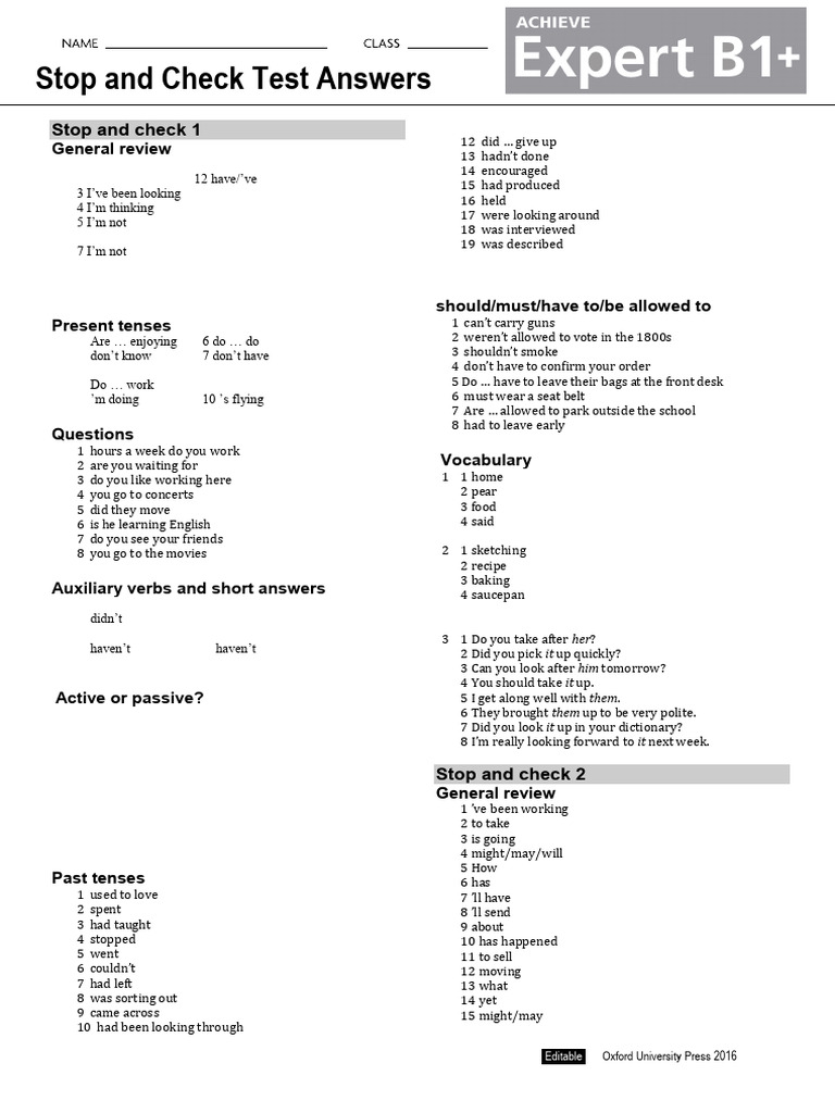 Expert B1+ - Stop and Check - Answer Key | PDF | Linguistics | Grammar