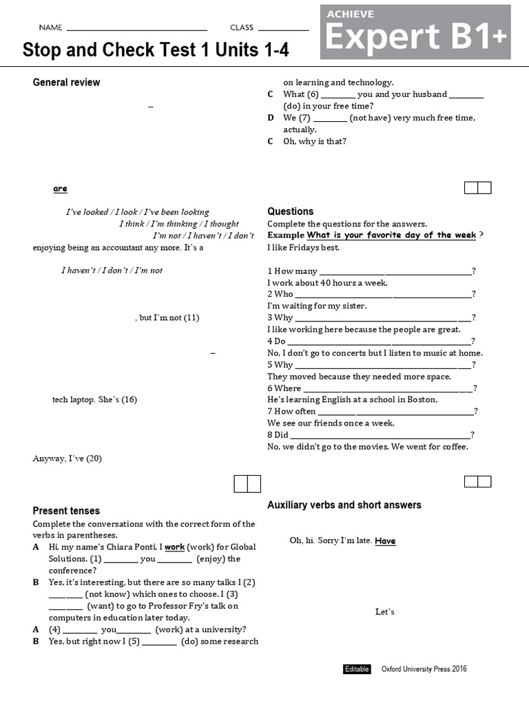 Expert B1+ - Stop and Check 1 - Units 1 To 4 | PDF | Verb | Syntax
