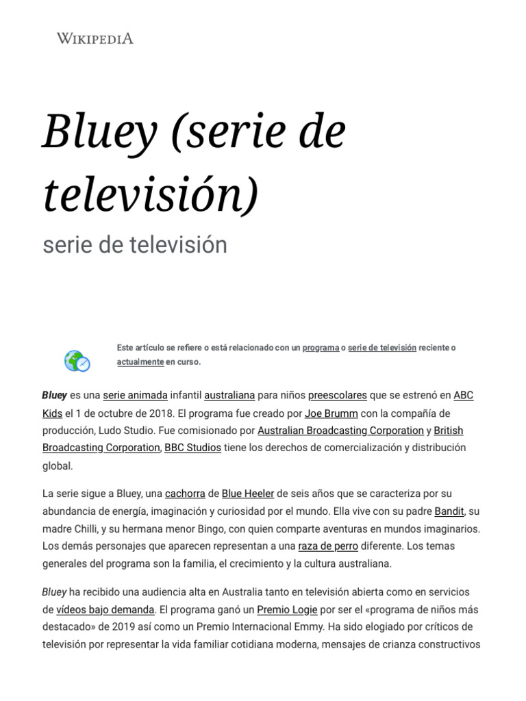 Bluey (Serie de Televisión) - Wikipedia, La Enciclopedia Libre | PDF