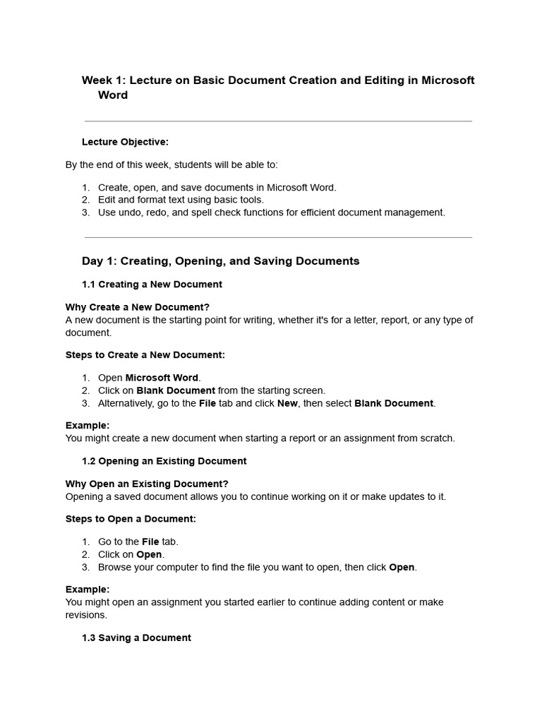 Week 1 - Lecture On Basic Document Creation and Editing in Microsoft Word-1 | PDF | Microsoft ...