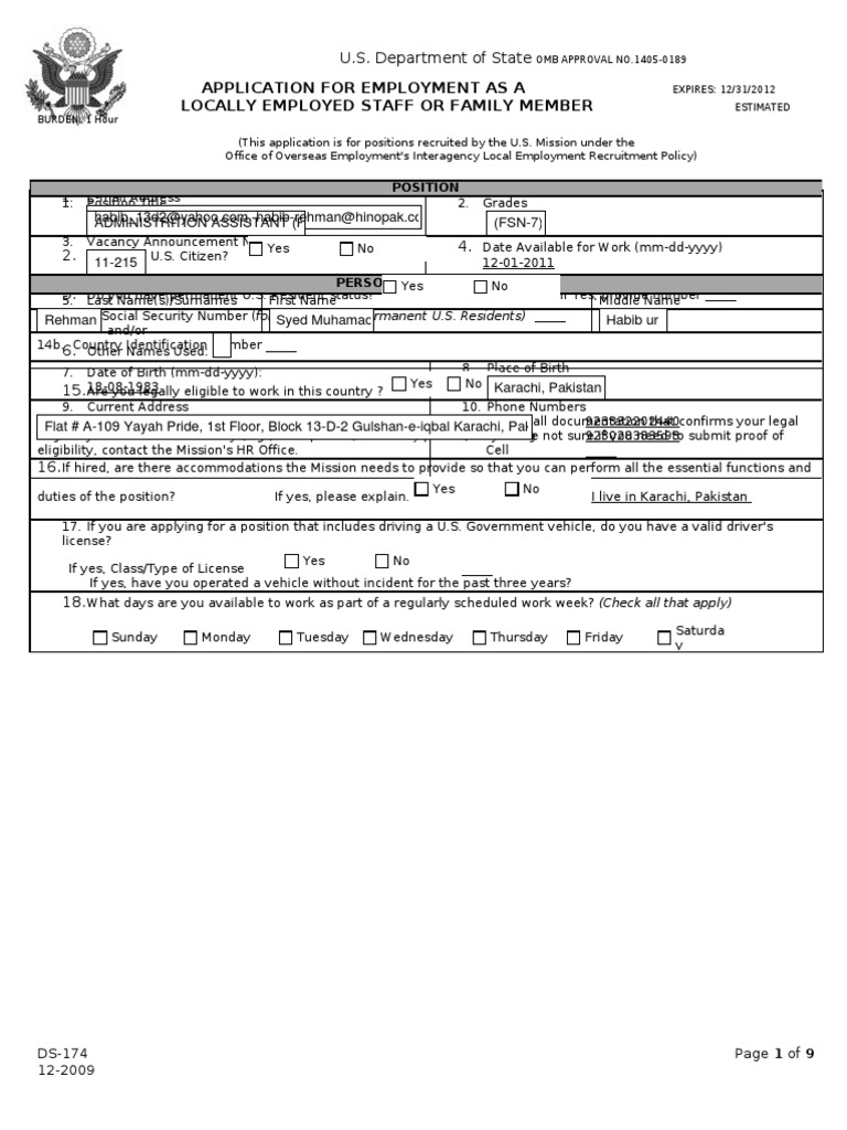 Form Ds 174 | PDF | United States Congress | American Government