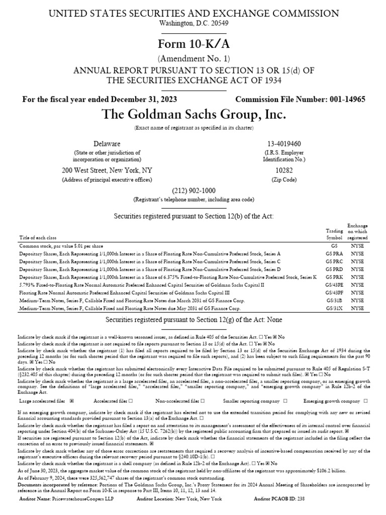 The Goldman Sachs Group, Inc.: Form 10-K/A | PDF | Internal Control ...