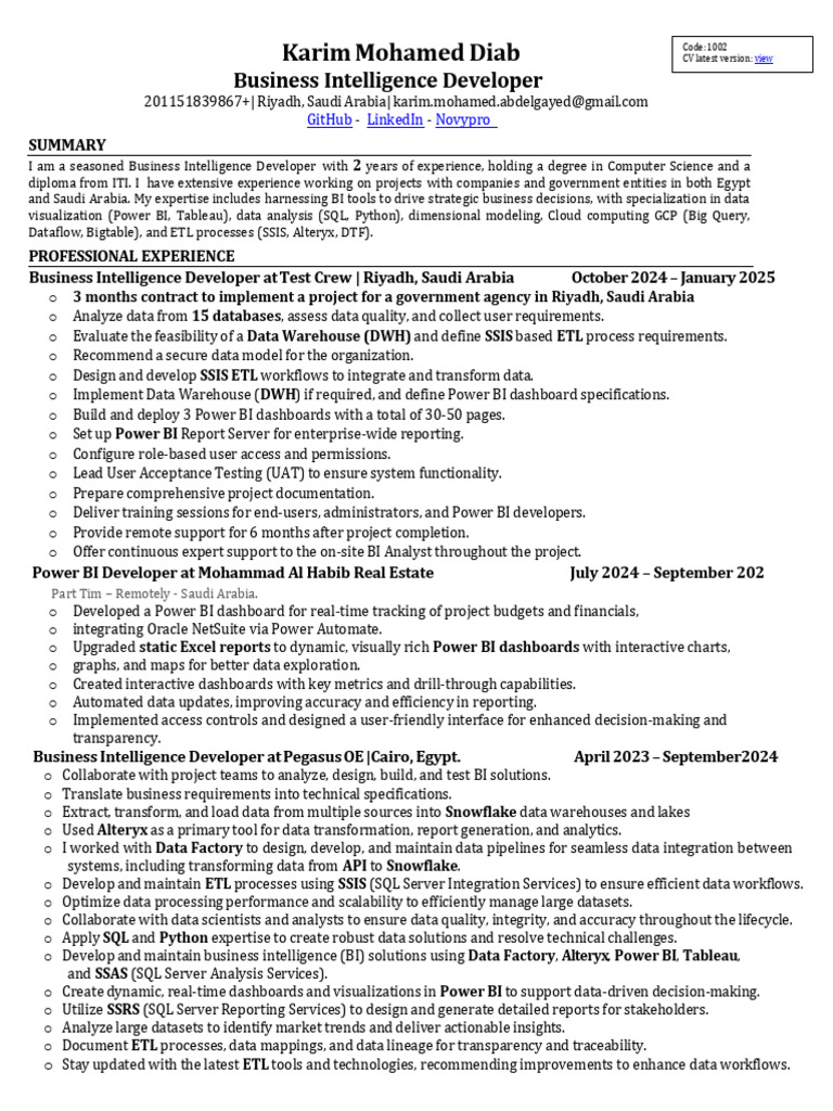 Karim Mohamed Diab - Business Intelligence Developer - CV - PDF 1002 | PDF | Data Warehouse ...
