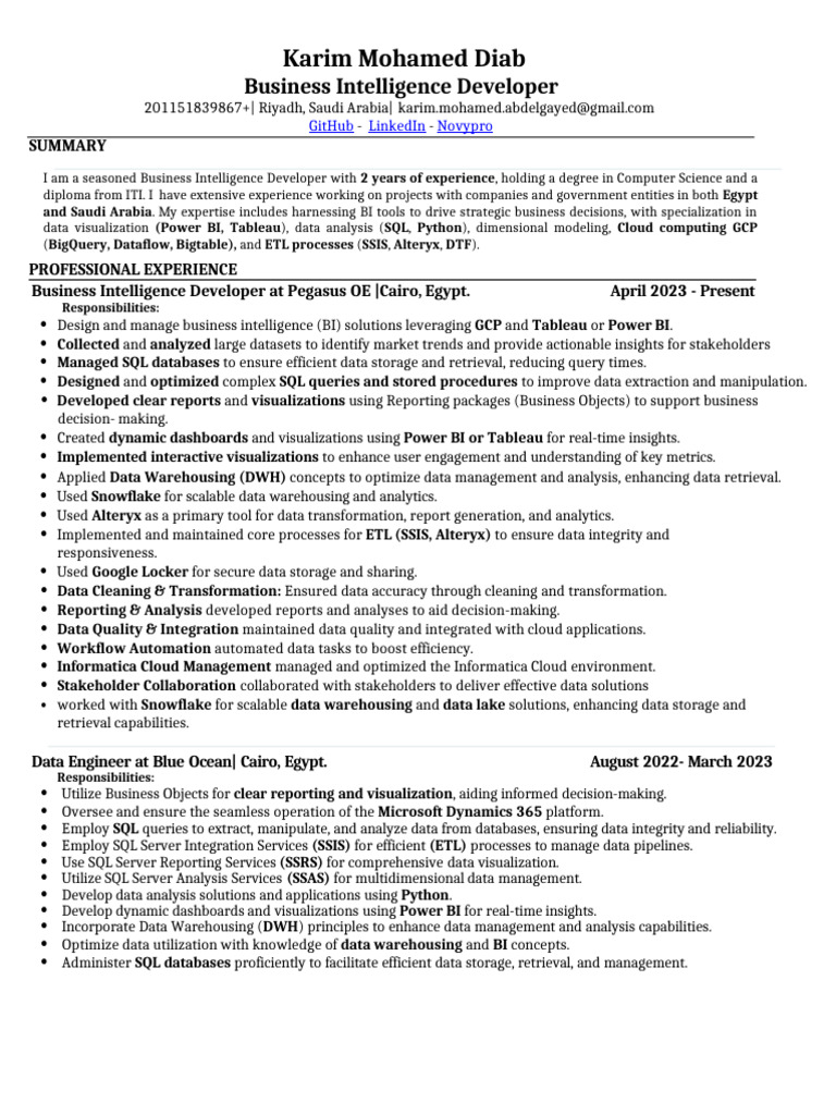 Karim Mohamed Diab - Senior Business Intelligence Developer - CV PDF | PDF | Data Warehouse ...