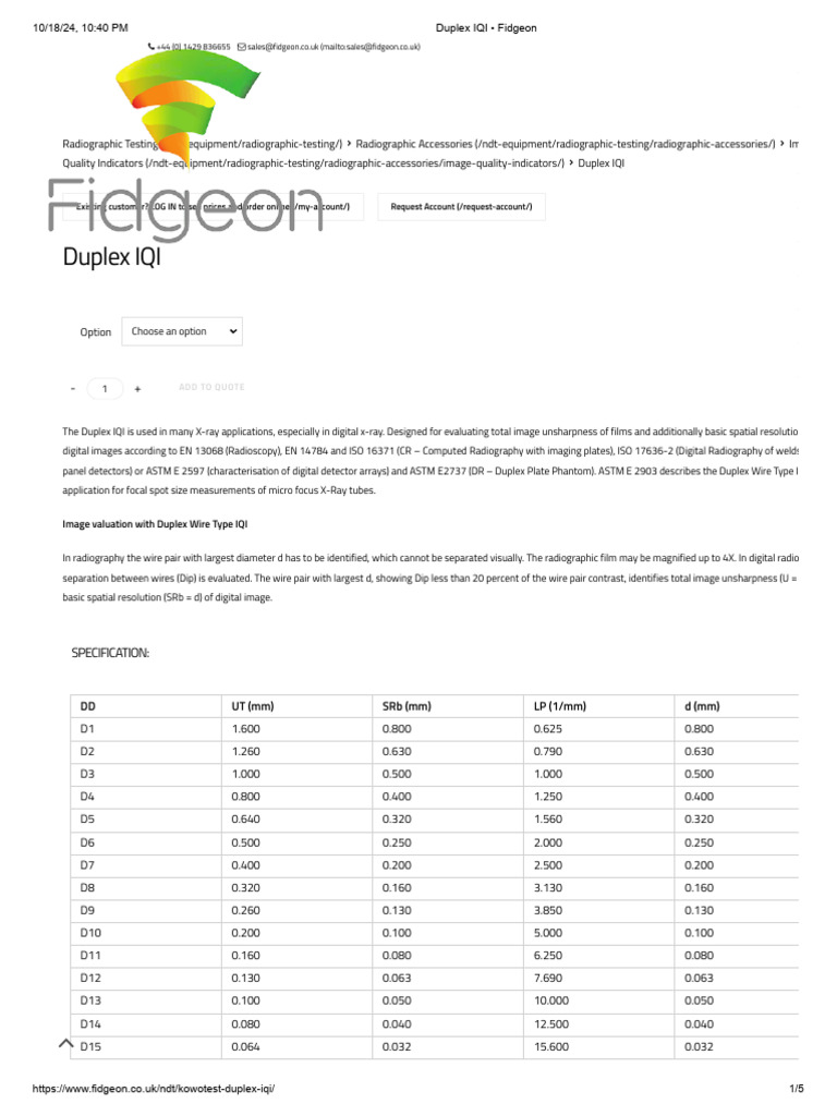 Duplex IQI - Fidgeon | PDF | Nondestructive Testing | Radiography