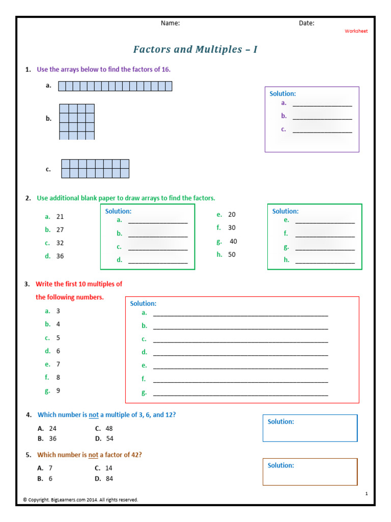 Factors and Multiples Worksheet for Grade 5 | PDF