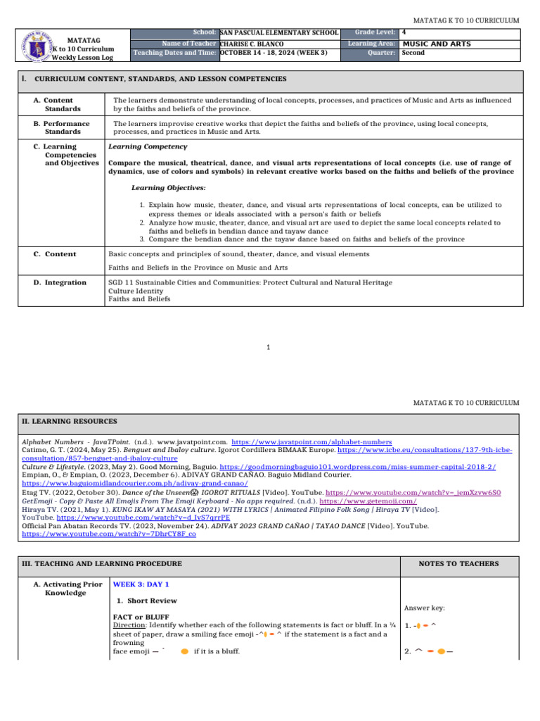 DLL Matatag - Music & Arts 4 Q2 W3-4 | PDF | Dances | Curriculum