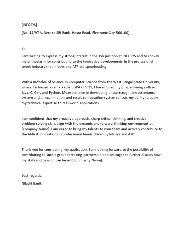 Cover Letter for Infosys Position | PDF