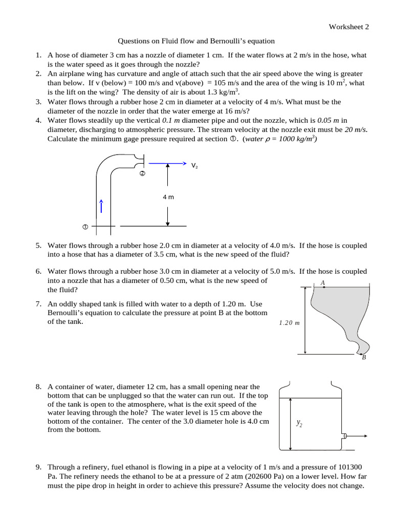 Fluid Flow and Bernoulli's Equation Problems | PDF | Pressure | Nozzle