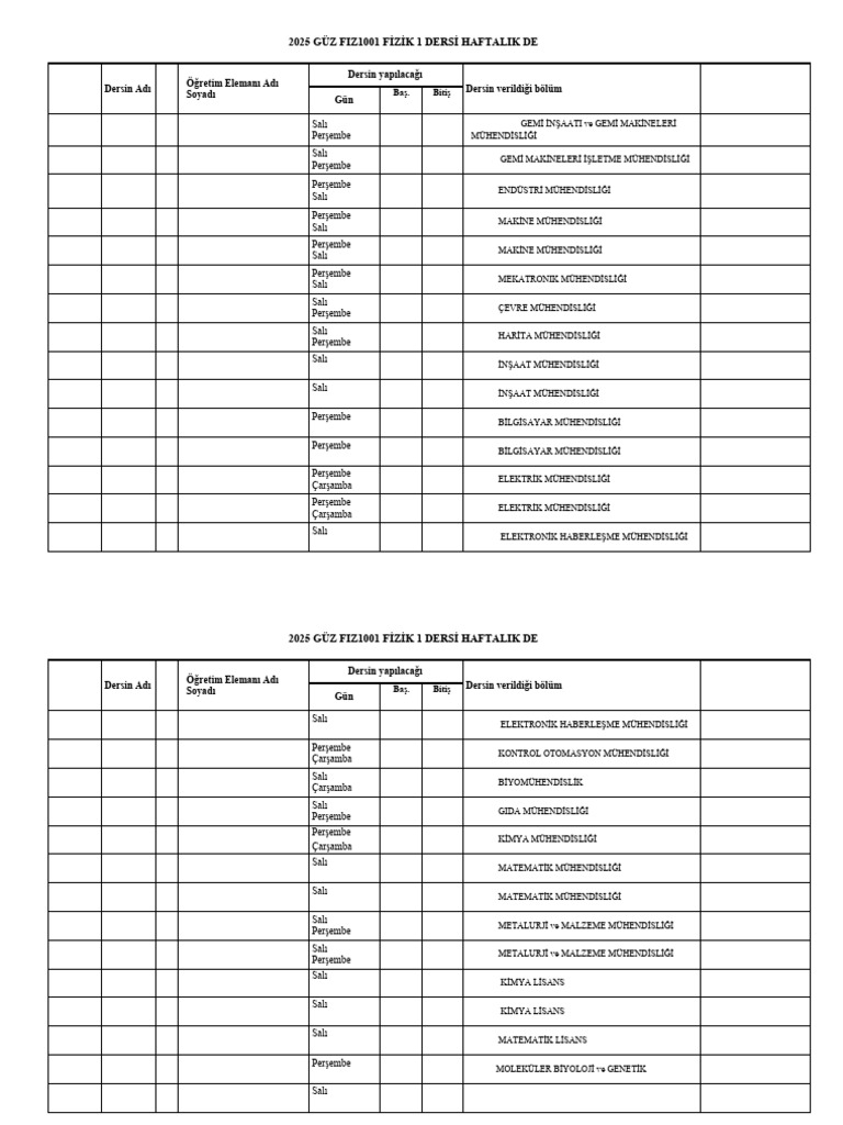 2024 2025 Guz Fiz1001 Fizik 1 Haftalik Ders Programi - Ilan | PDF