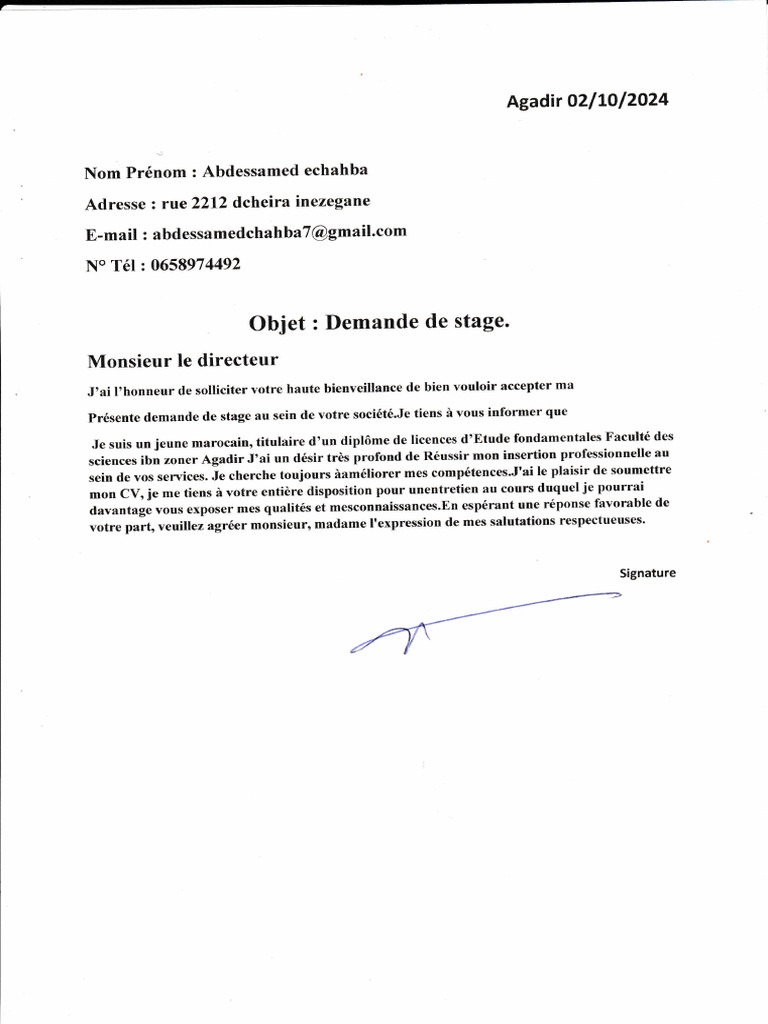 Demande de stage d'Abdessamed Echahba | PDF