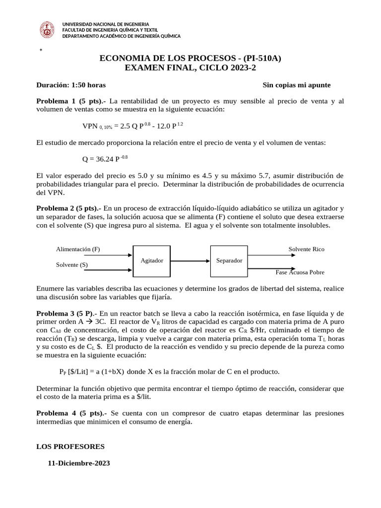 PI510A EF 2023-2 (Preg) | PDF | Reactor Quimico | Solubilidad