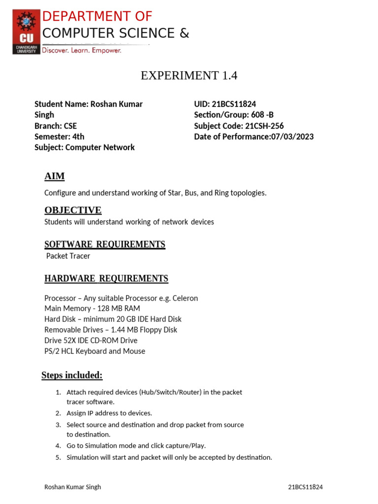 Computer Science & Engineering: Experiment 1.4 | PDF | Network Topology | Computer Network