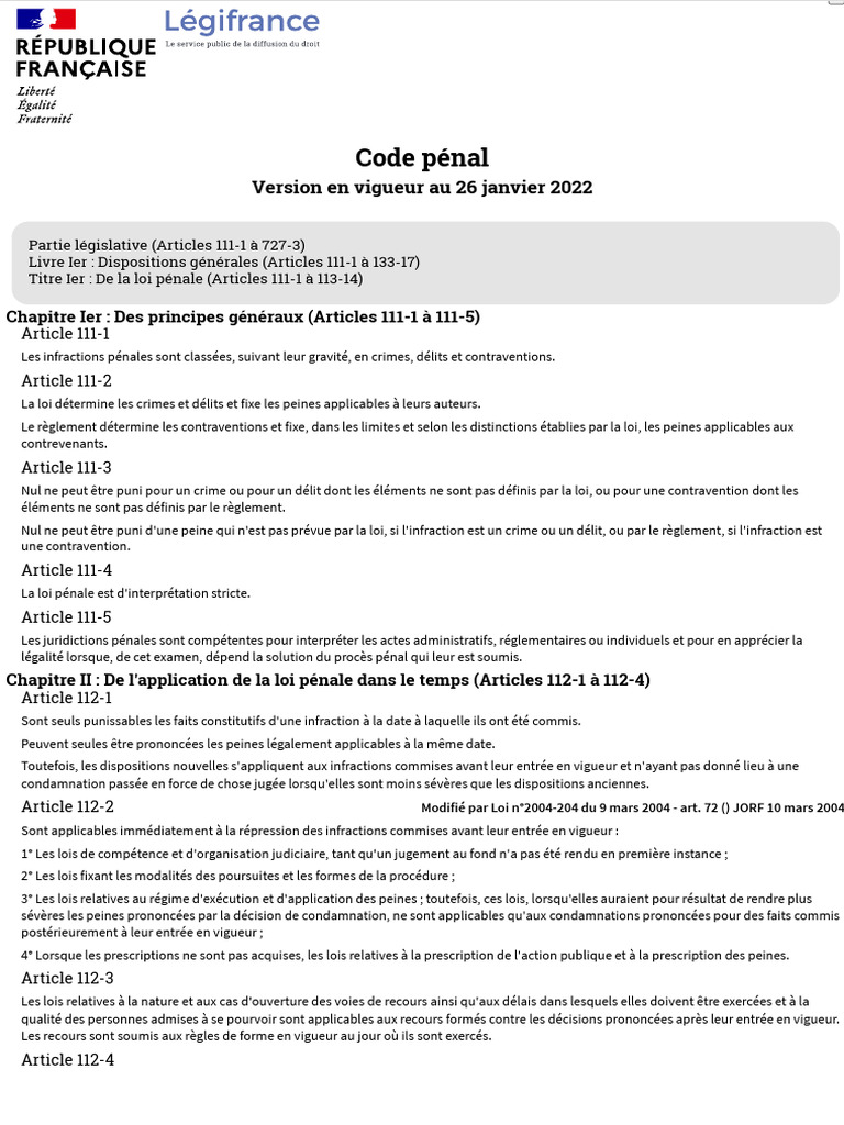 Code Pénal: Version en Vigueur Au 26 Janvier 2022 | PDF | Crimes ...
