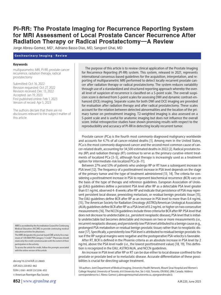 Abreu Gomez Et Al 2023 Pi RR The Prostate Imaging For Recurrence ...