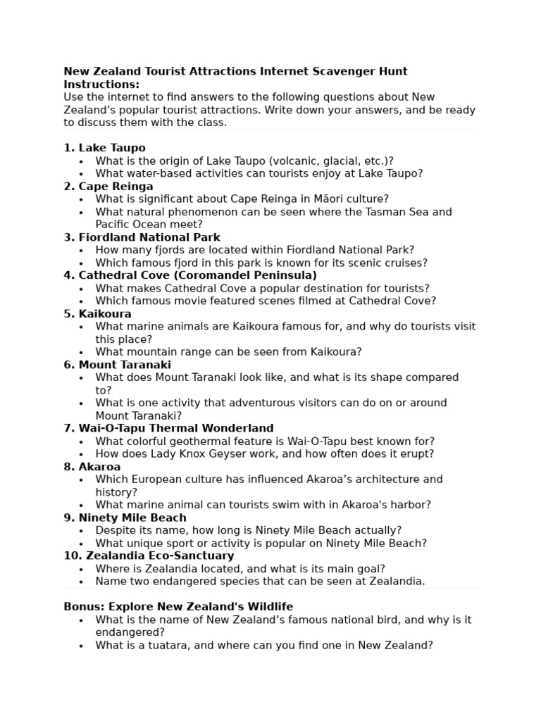New Zealand Tourist Attractions Internet Scavenger Hunt 2 | PDF