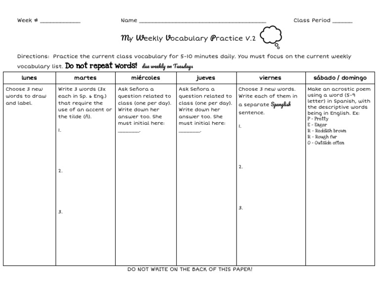 Weekly Vocabulary Practice - Spanish Class | PDF