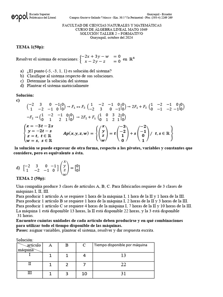 Mirar Solución Taller 2-Formativo Al Matg1049 - Oct 2024 | PDF | Matemáticas Aplicadas | Álgebra