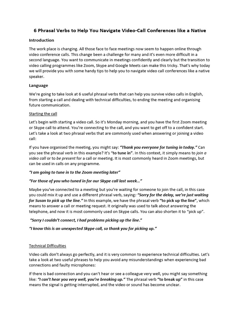6 Phrasal Verbs To Help You Navigate Video | PDF | Videotelephony ...