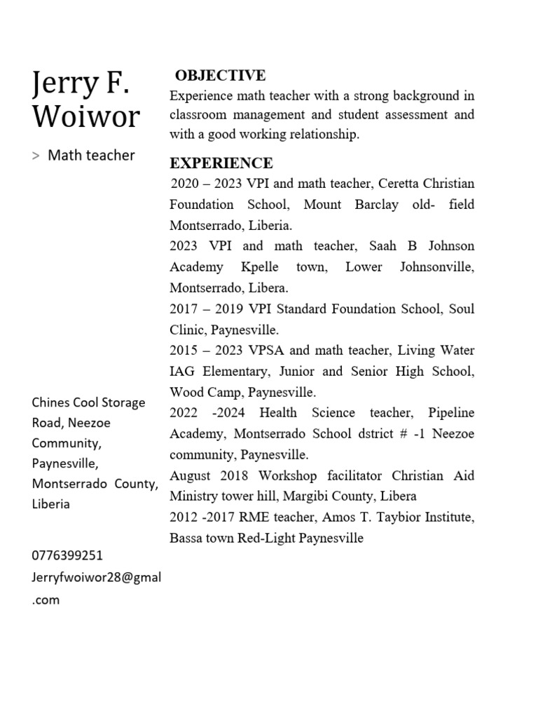 Jerry F. Woiwor: Math Teacher | PDF