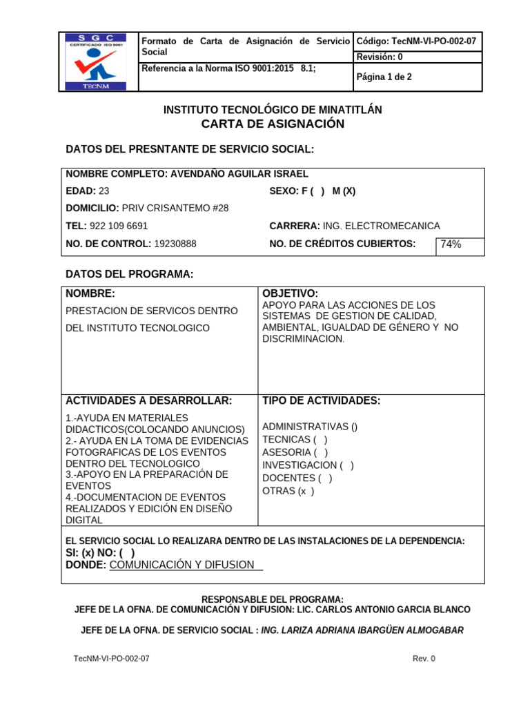 Carta de Asignación de Servicio Social | PDF