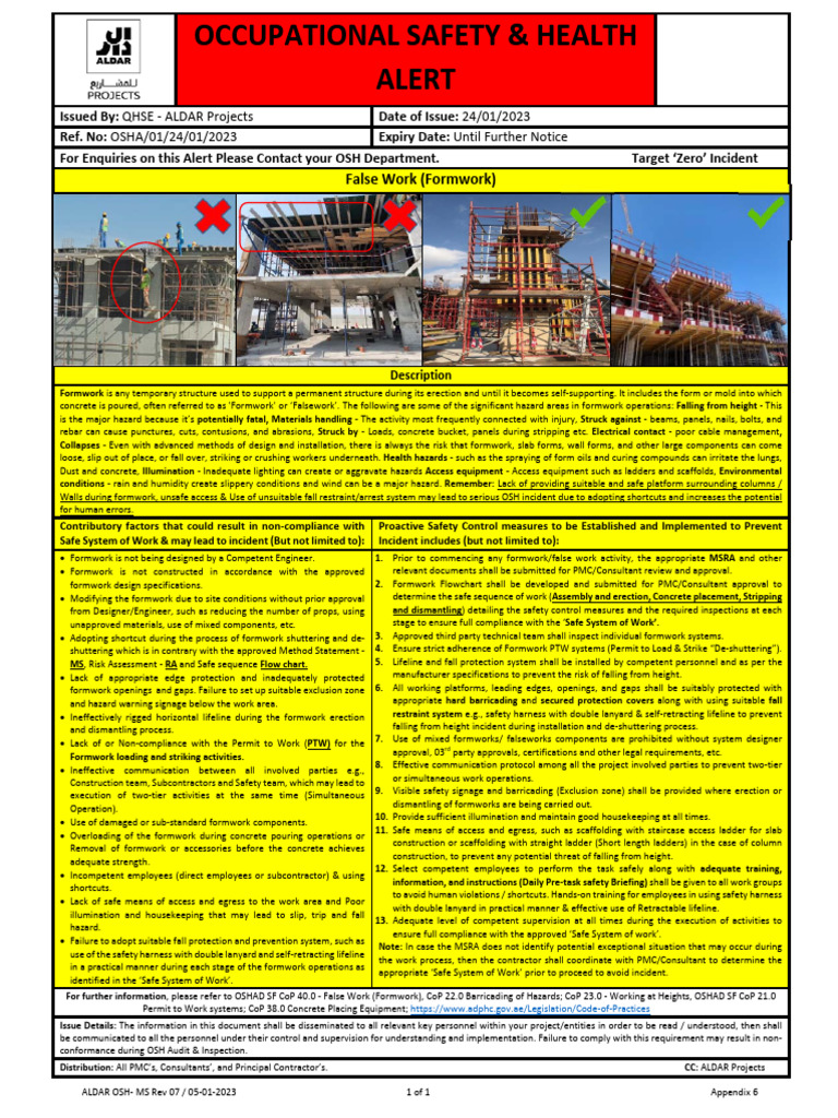 ALDAR Projects - OSH ALERT Falsework (Formwork) | PDF | Occupational Safety And Health | Concrete