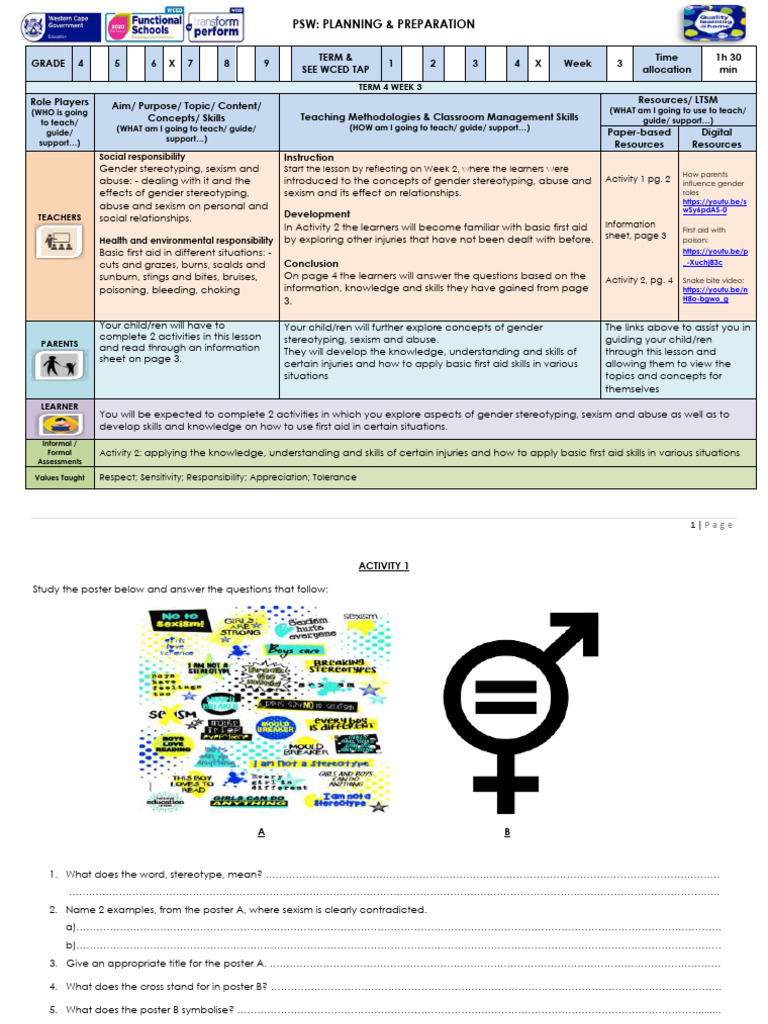 Lesson Plan Gr. 6 Life Skills PSW Term 4 Week 3 | PDF