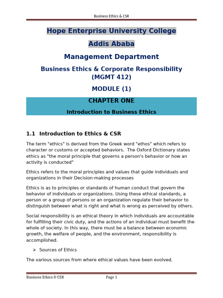 Business Ethics Module (1) Hope College | PDF | Corporate Social ...