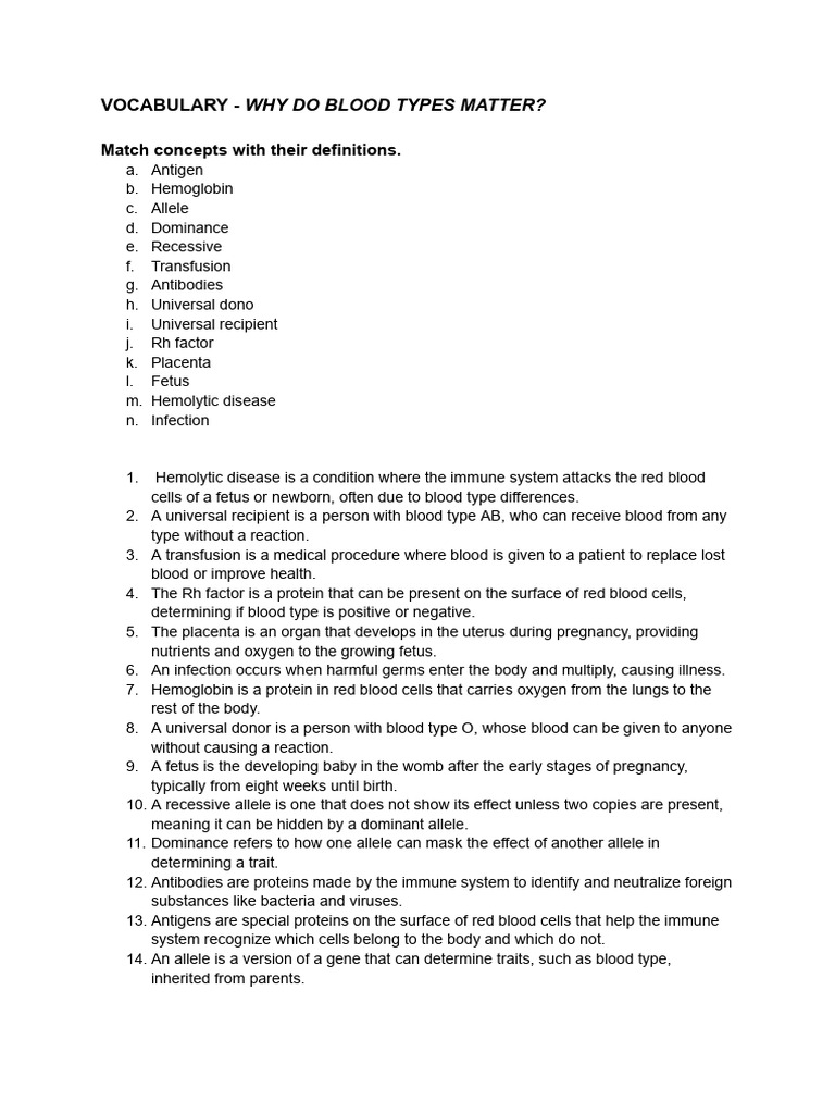 VOCABULARY - Why Do Blood Types Matter | PDF