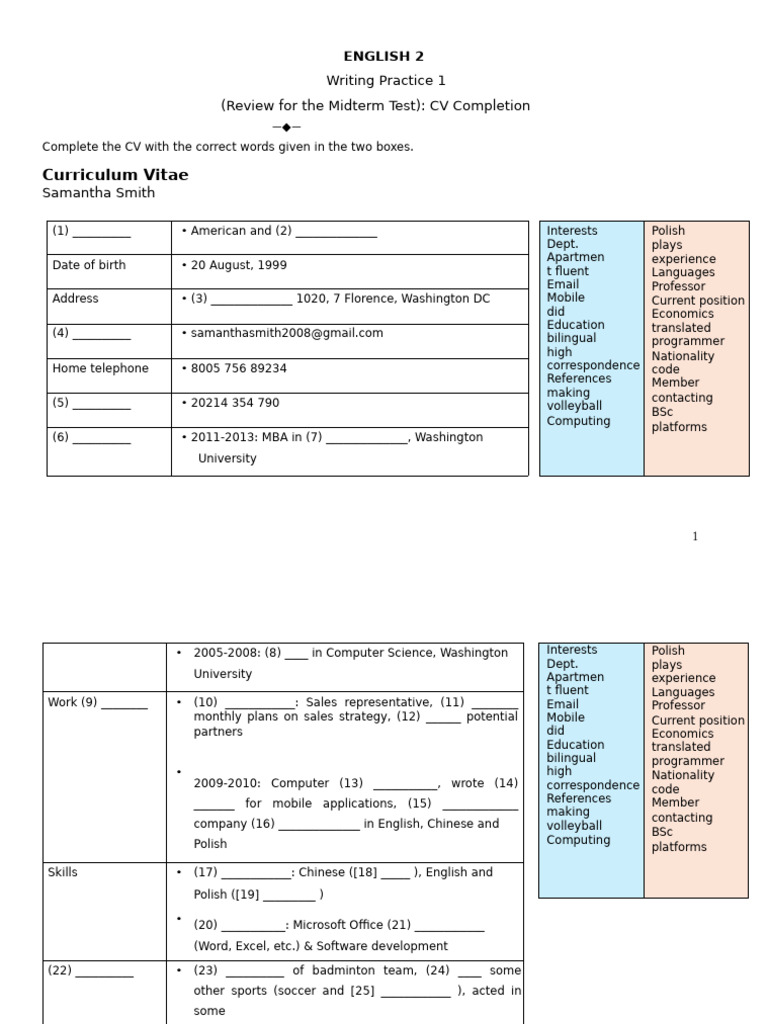 English 2 - CV Completion - Practice 1 | PDF | Information Technology | Systems Engineering
