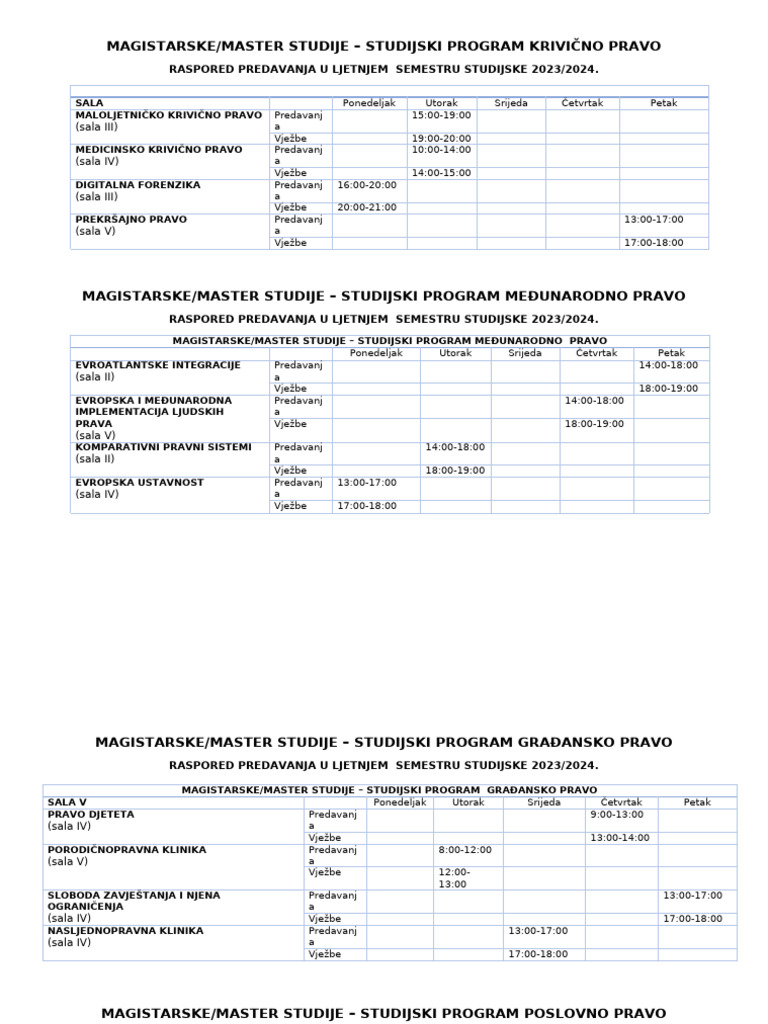 3 MASTER STUDIJE - PF - Raspored Casova - Ljetnji Semestar - 2023-2024 ...