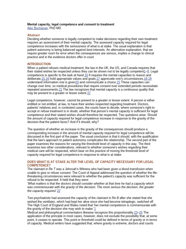 Mental Capacity, Legal Competence and Consent To Treatment Alec ...