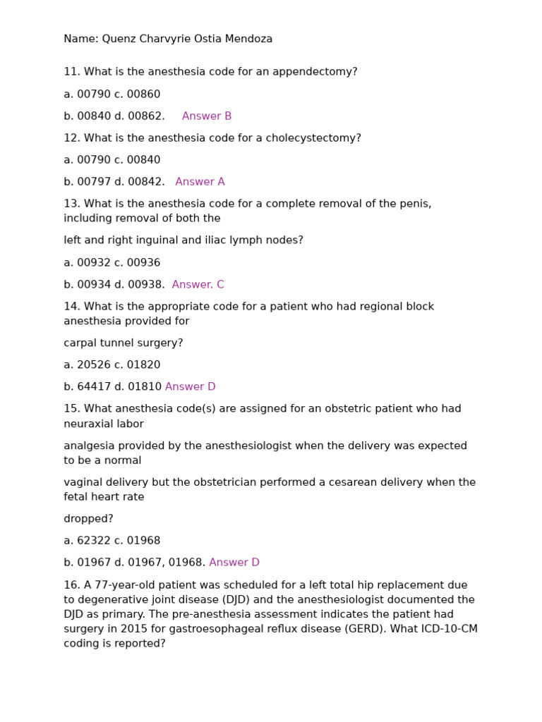 Answer For Anesthesia Coding Exam | PDF