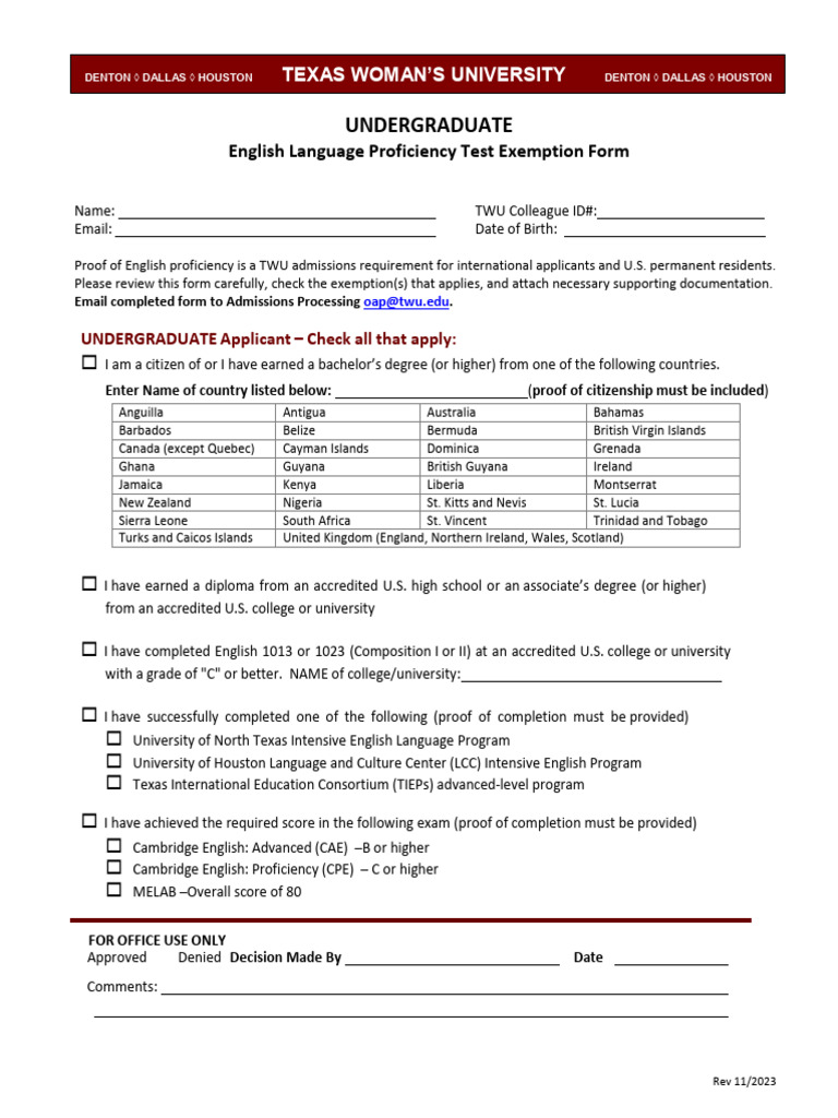 TWU English Proficiency Exemption Form | PDF | Academia | Qualifications
