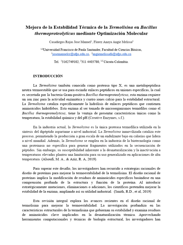 Mejora de La Estabilidad Térmica de La Termolisina en Bacillus ...