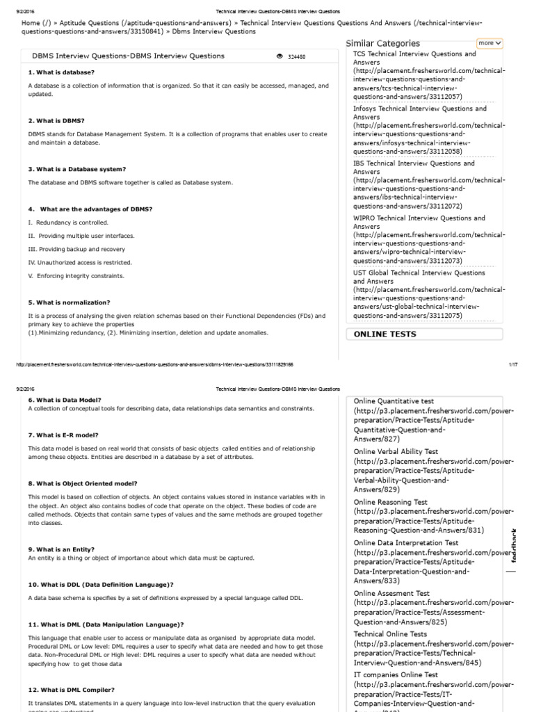 DBMS Interview Questions Overview | PDF | Databases | Sql