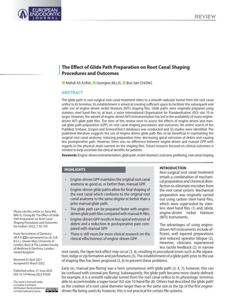 Review: The Effect of Glide Path Preparation On Root Canal Shaping Procedures and Outcomes | PDF ...