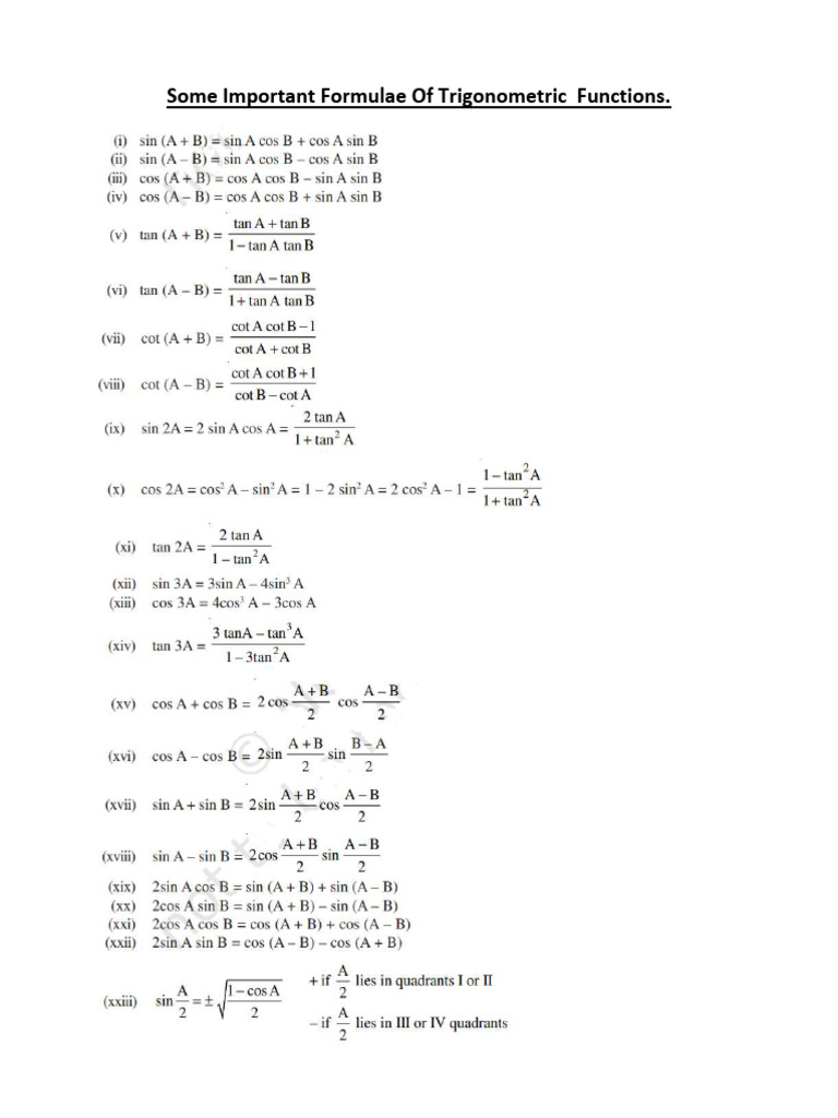 Some Important Formulae of Trigonometric Functions | PDF