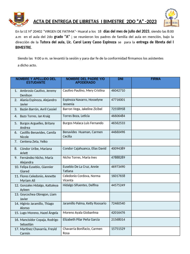 Acta de Entrega de Libretas i Bimestre 2023 | PDF