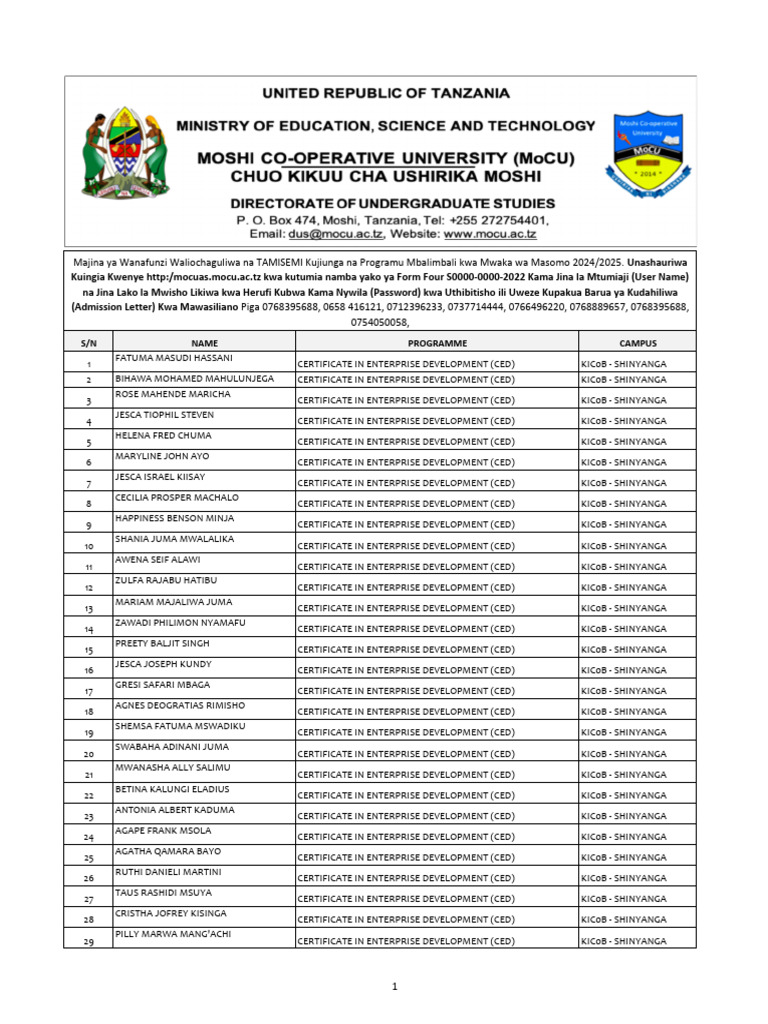 Majina Ya Wanafunzi Waliochaguliwa Na TAMISEMI Kujiunga Na Programu Mbalimbali Kwa Mwaka Wa ...